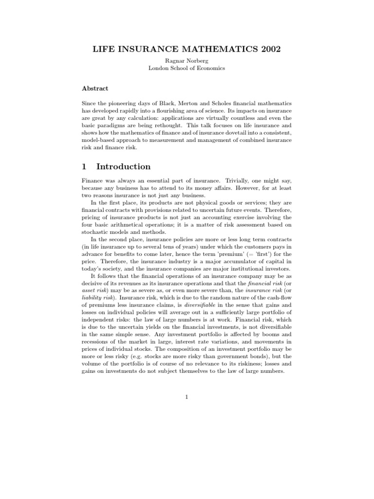 Life Insurance Mathematics Ragnar Norberg 2002 | PDF | Actuarial ...