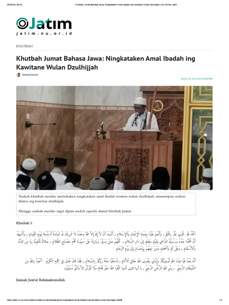 Khutbah Jumat Bahasa Jawa - Ningkataken Amal Ibadah Ing Kawitane Wulan Dzulhijjah - NU Online ...