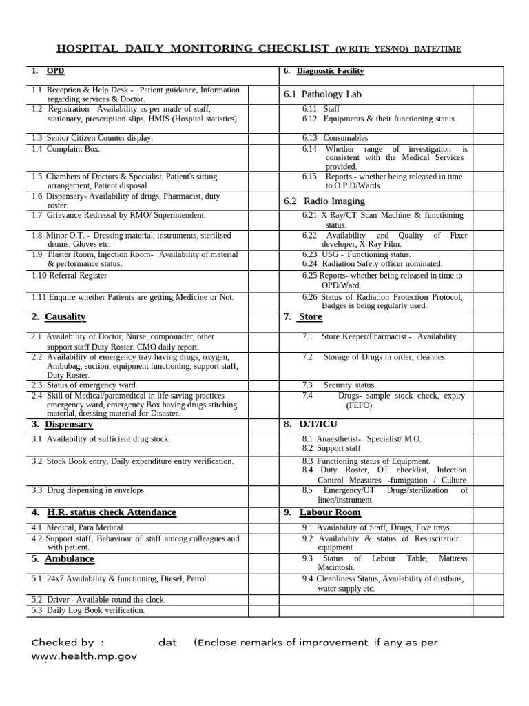 Daily Checklist for Hospital Admin | PDF | Hospital | Emergency Department