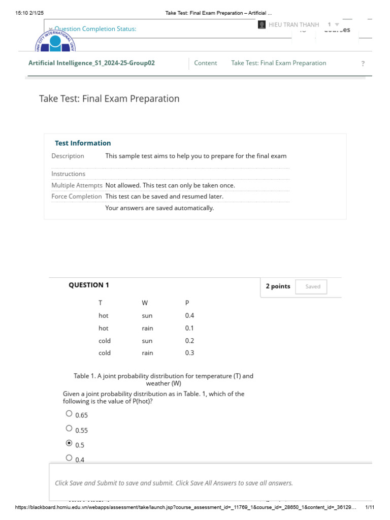 Take Test - Final Exam Preparation - Artificial .. | PDF | Artificial ...
