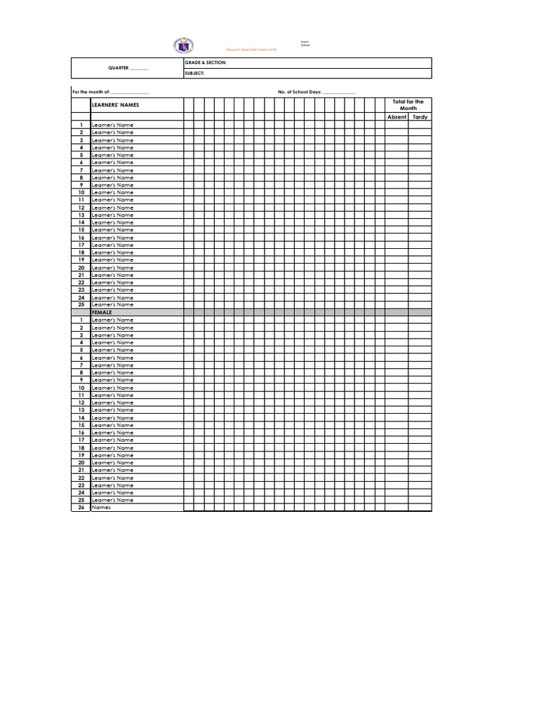 Monthly School Attendance Record | PDF