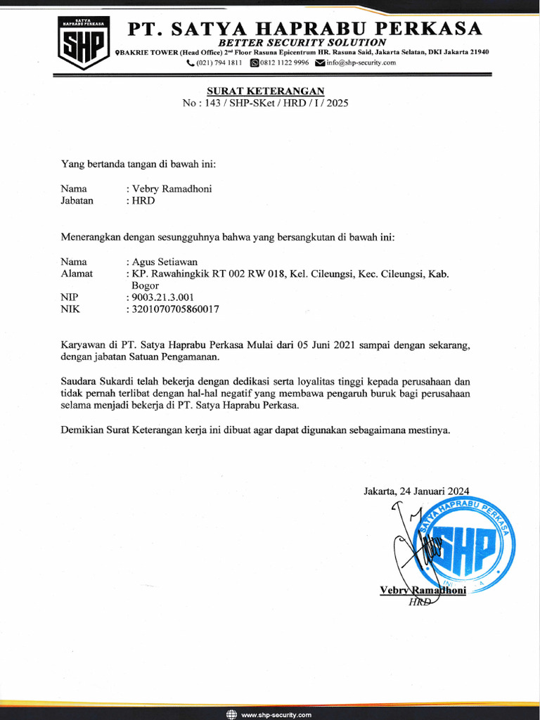 Surat Keterangan Bekerja An Agus Setiawan | PDF