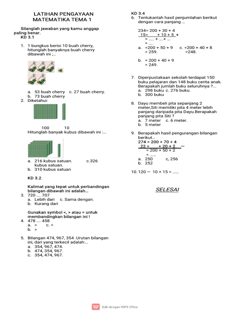 Latihan Pengayaan MTK Tema 1 | PDF