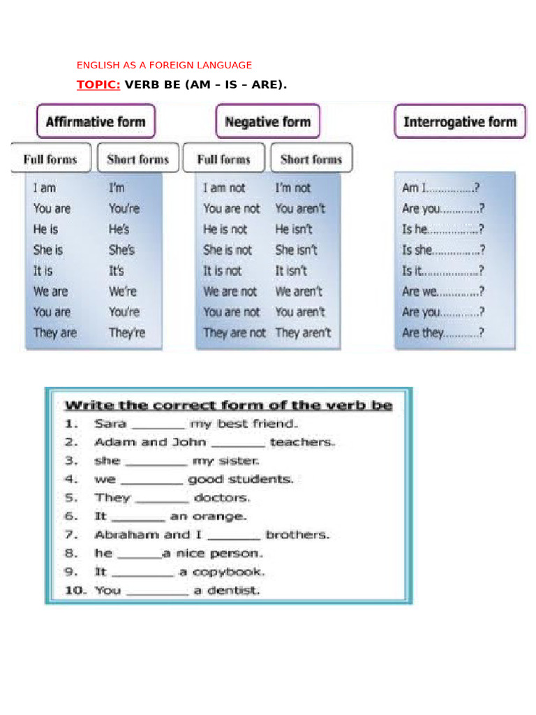 Verb Be (Am - Is - Are) | PDF
