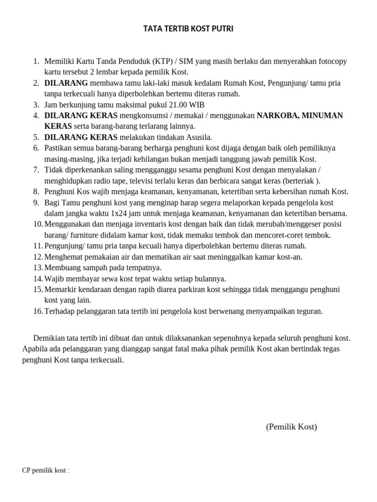 Tata Tertib Kost Putri | PDF