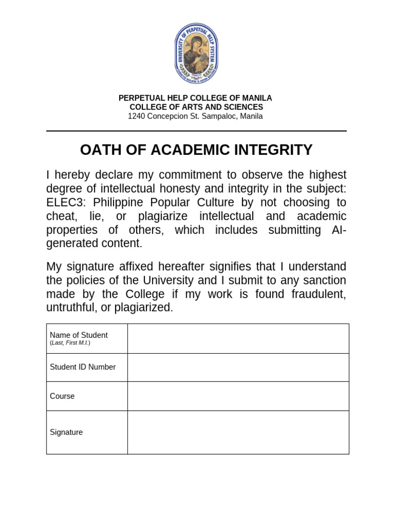Oath of Academic Integrity PURP COM | PDF