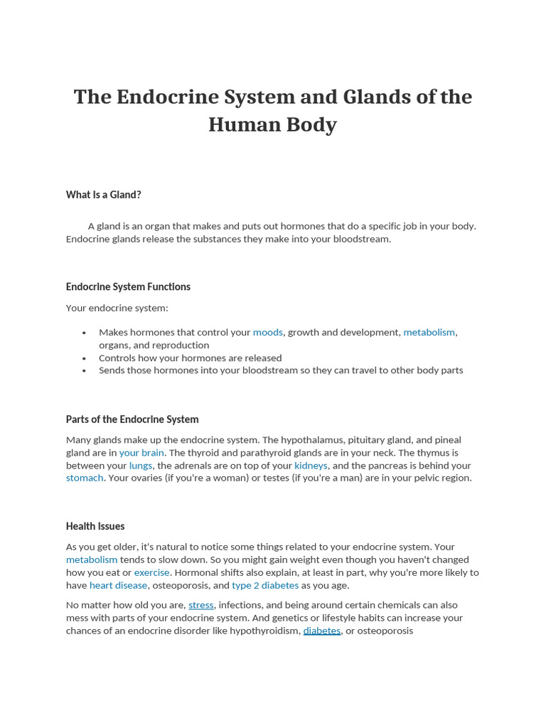 The Endocrine System and Glands of The Human Body | PDF | Endocrine ...