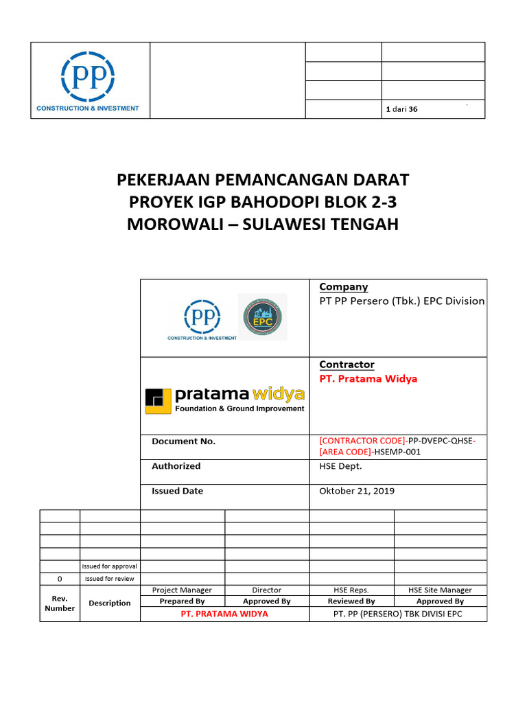 Lamp 1. F-FDH-HSE-170-0 HSE Plan Project Vale Bahodopi | PDF