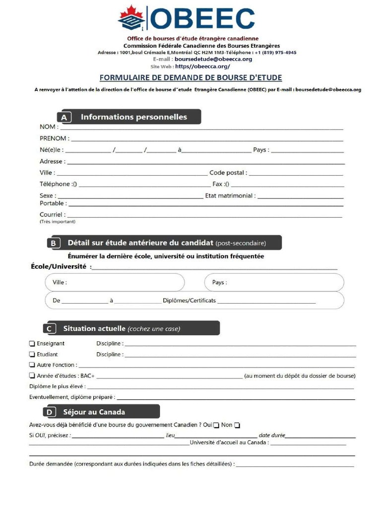 Formulaire de Demande de Bourse D'ã©tude Ã©trangÃ Re Canadienne | PDF