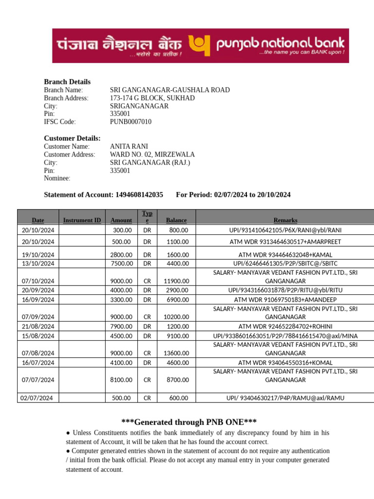 Anita Rani Statement | PDF | Banks | Automated Teller Machine