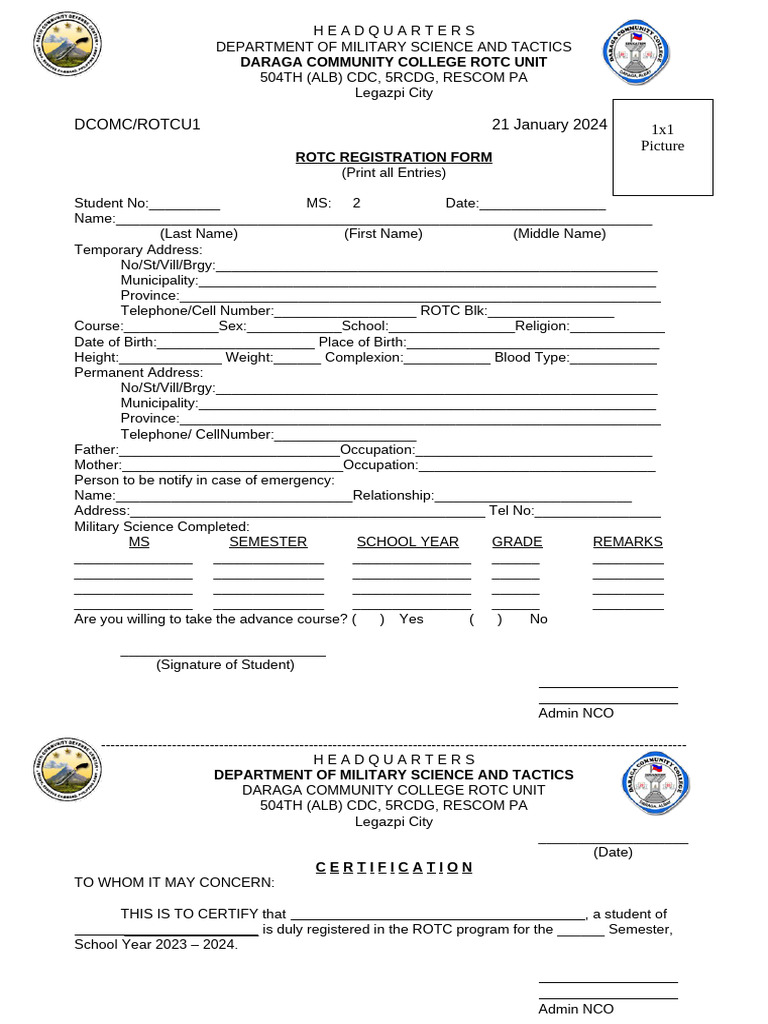 ROTC Registration and Certification Form | PDF