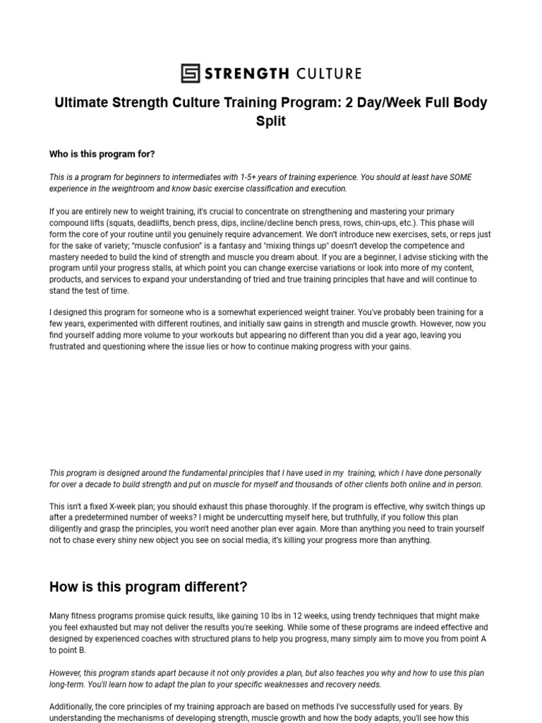 Strength Culture Training Program - 2 Day - Week Full Body Split | PDF ...
