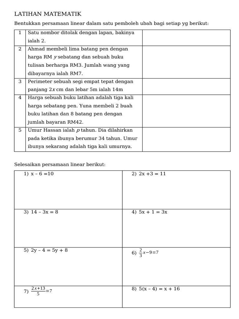 Latihan Persamaan Linear Form 4 | PDF