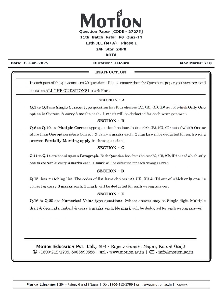 11th Batch Pstar P0 Quiz-14 Paper | PDF | Molecular Orbital | Perpendicular