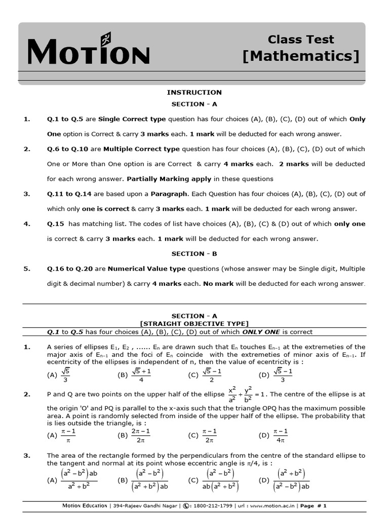 Class Test Ellipse Questions | PDF | Ellipse | Elementary Mathematics