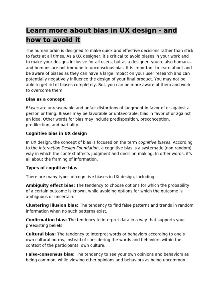 Bias, Deceptive Pattern, and Impact As UX Designer | PDF | Bias | Social Exclusion