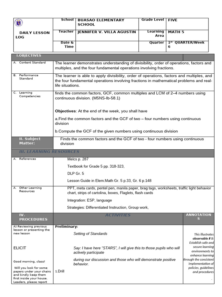 Cot Math 5 1st Quarter Week 6 Finding GCF and LCM | PDF | Learning | Behavior Modification