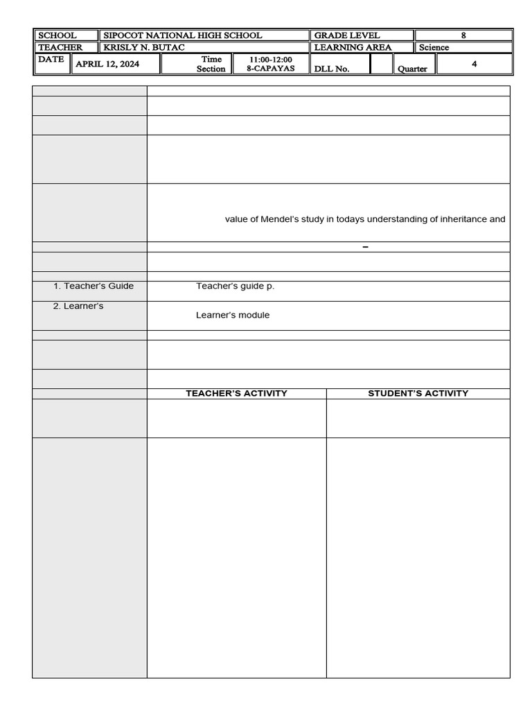DLP 8 - Q4 - Heredity - Inheritance and Variation of Traits | PDF ...