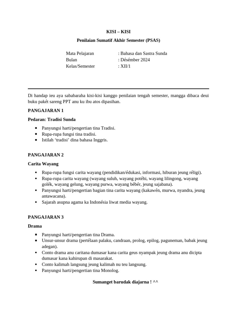 2. Kisi-kisi Psas b.sunda Kelas Xii Semester 1 2024-2025 | PDF