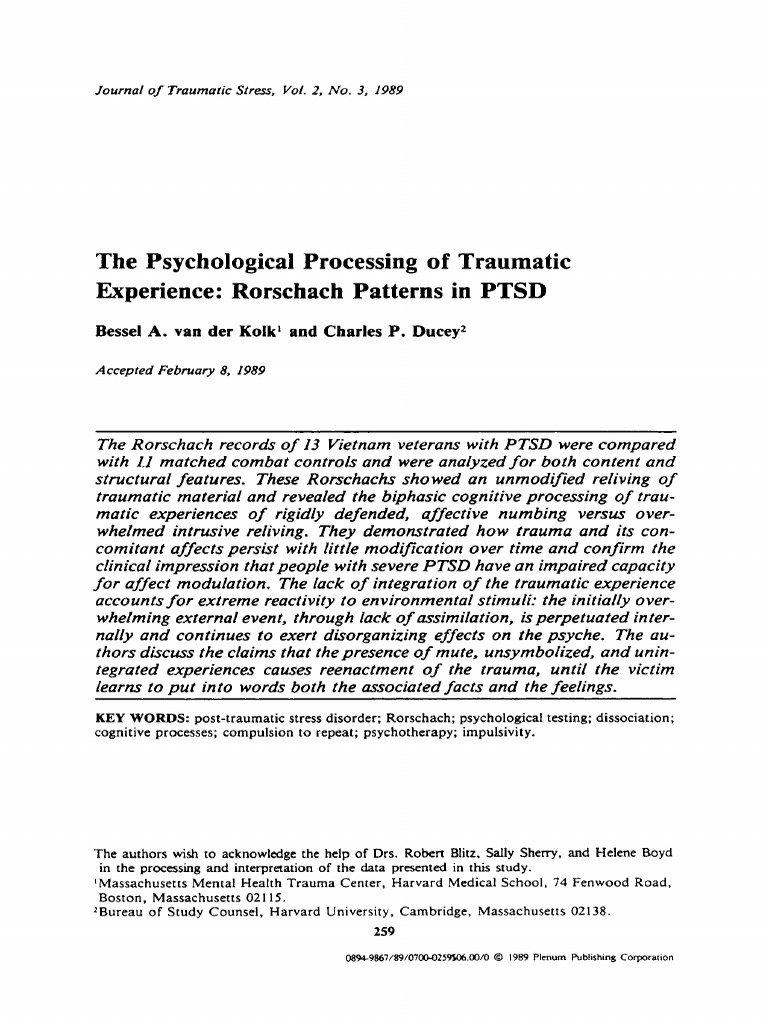 The Psychological Processing of Traumatic Experience - Rorschach Patterns in PTSD | PDF ...