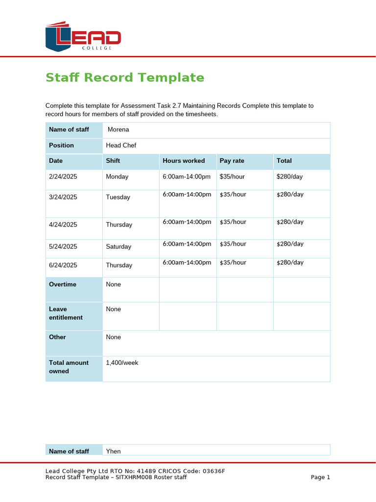 56.SITXHRM008 Staff Record Template.v1.0 | PDF