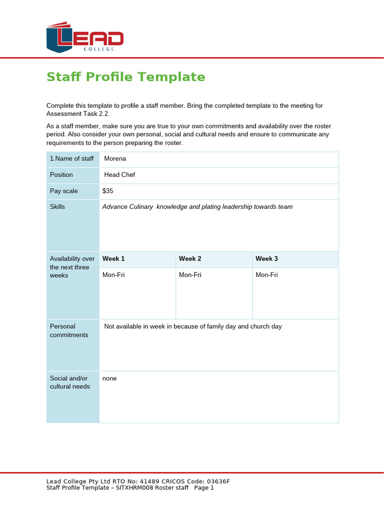 Staff Profile Template for Roster | PDF | Cooking | Foodservice
