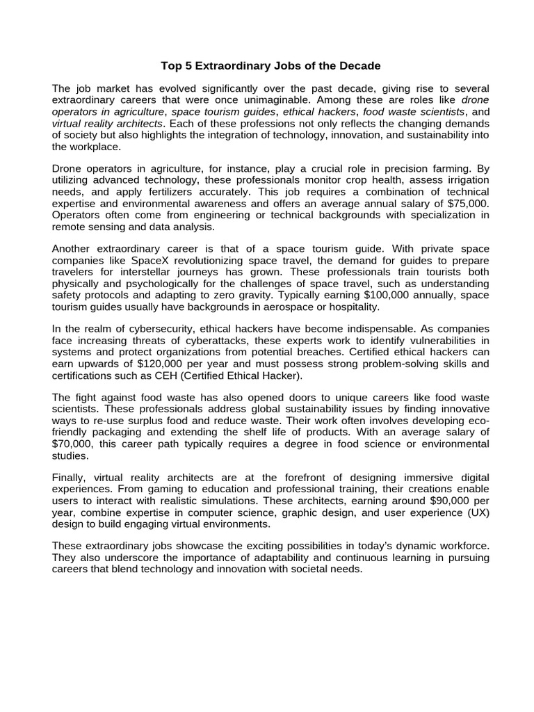 Reading Text - Top 5 Extraordinary Jobs of The Decade | PDF | Virtual ...