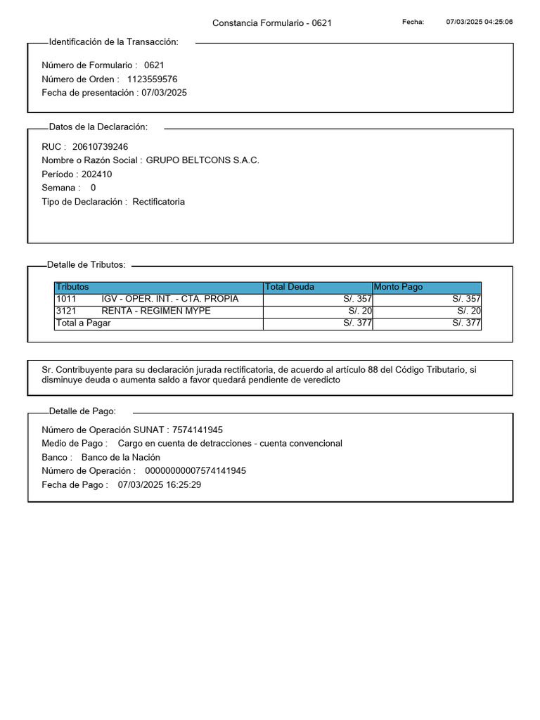 Constancia de Pago Form. 621 - Oct. - 2024 Beltcons Rectificatoria | PDF