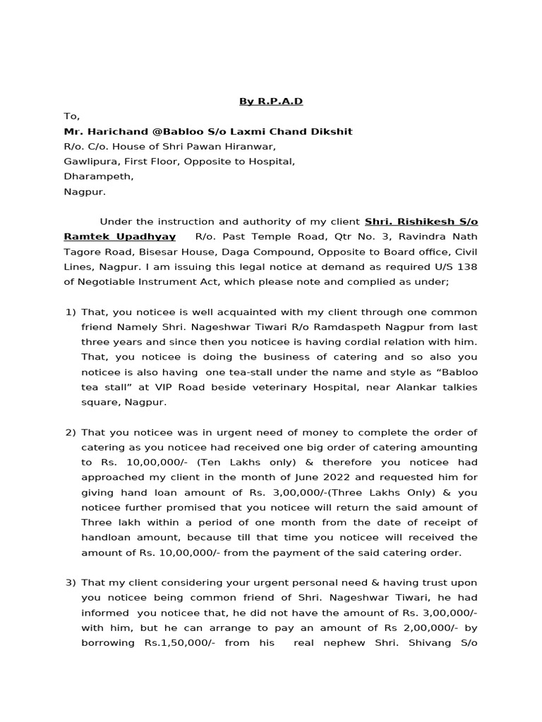 138 Notice Rishikesh Upadhyay Vs Harichand Laxcmichand | PDF | Cheque ...