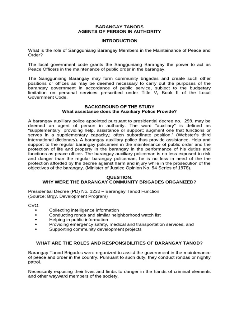 Roles of Barangay Tanod in Community Safety | PDF | Police | Information