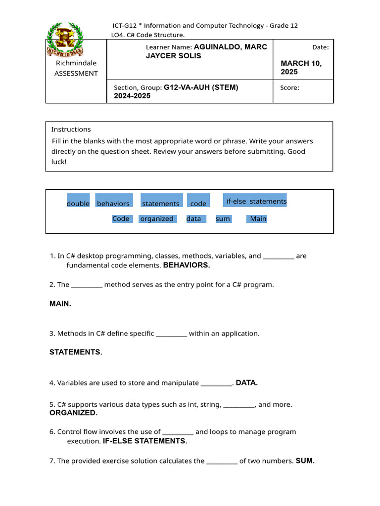 AS04-2 ICT C# Code Structure - K12 Richmindale - Rev0 | PDF