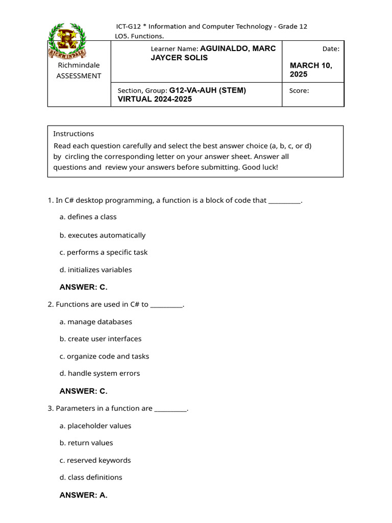 AS05-1 ICT Functions - K12 Richmindale - Rev0 | PDF | Parameter ...