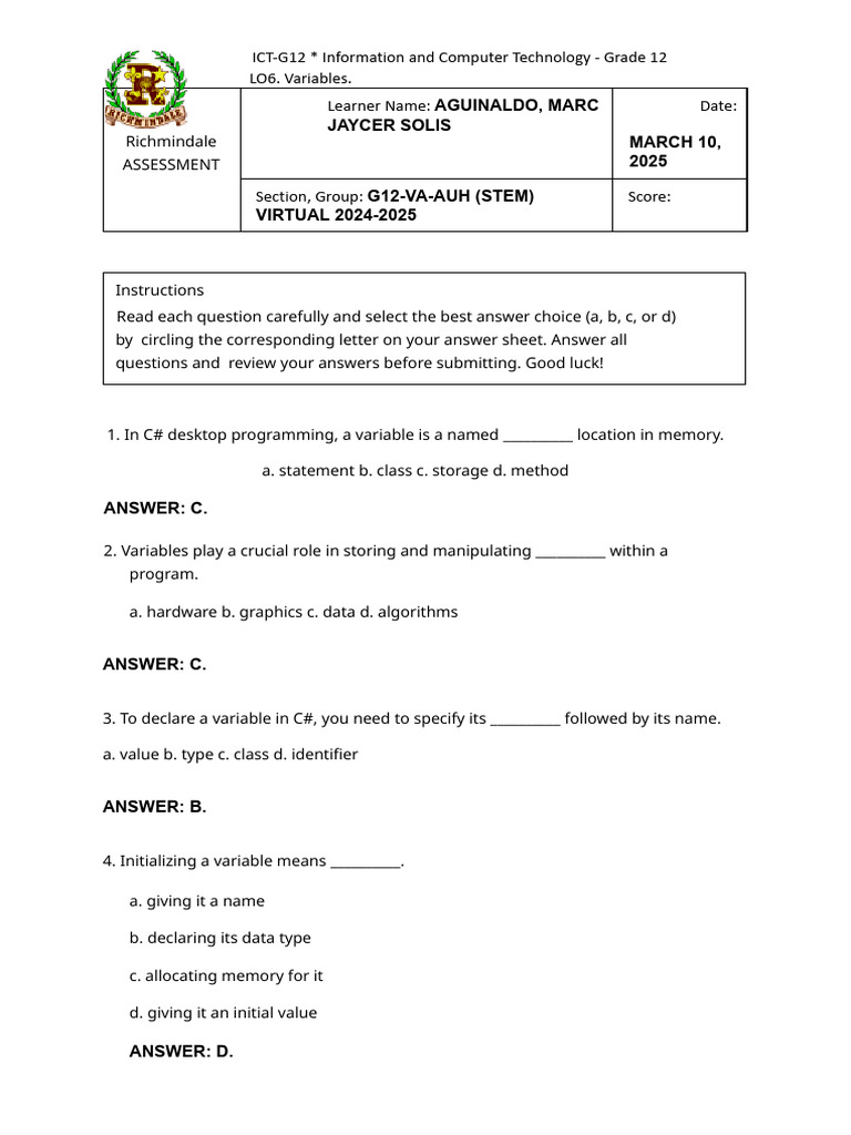 AS06-1 ICT Variables _K12 Richmindale_rev0 | PDF | Variable (Computer Science) | C Sharp ...