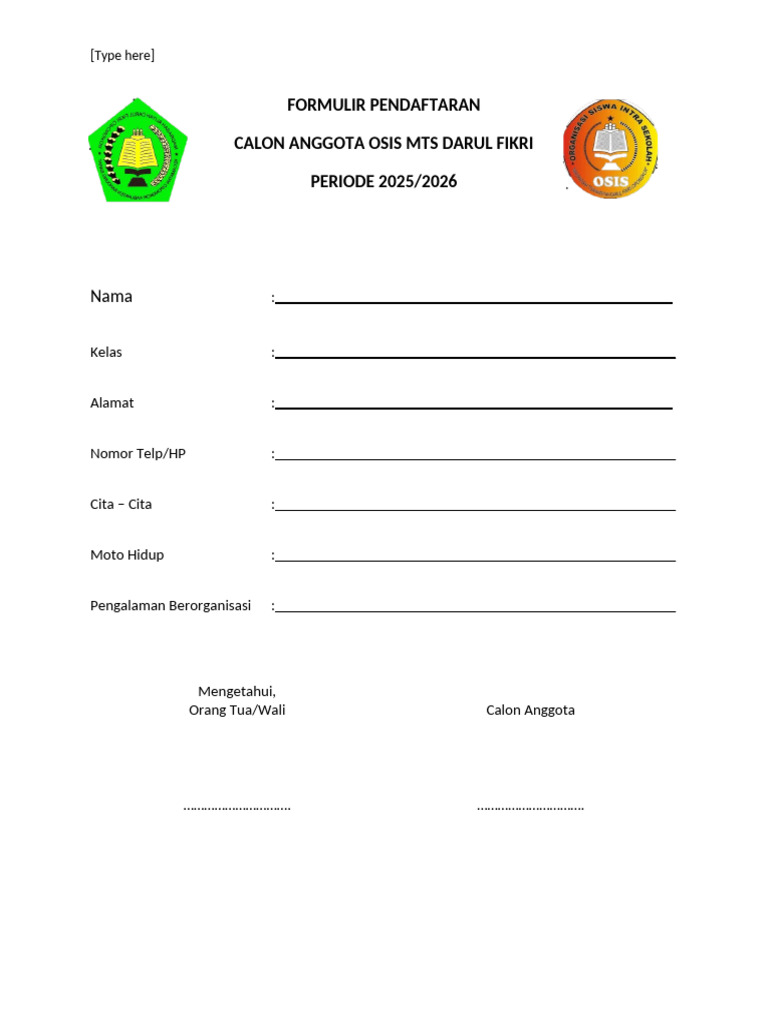 FORMULIR PENDAFTARAN ANGGOTA OSIS | PDF