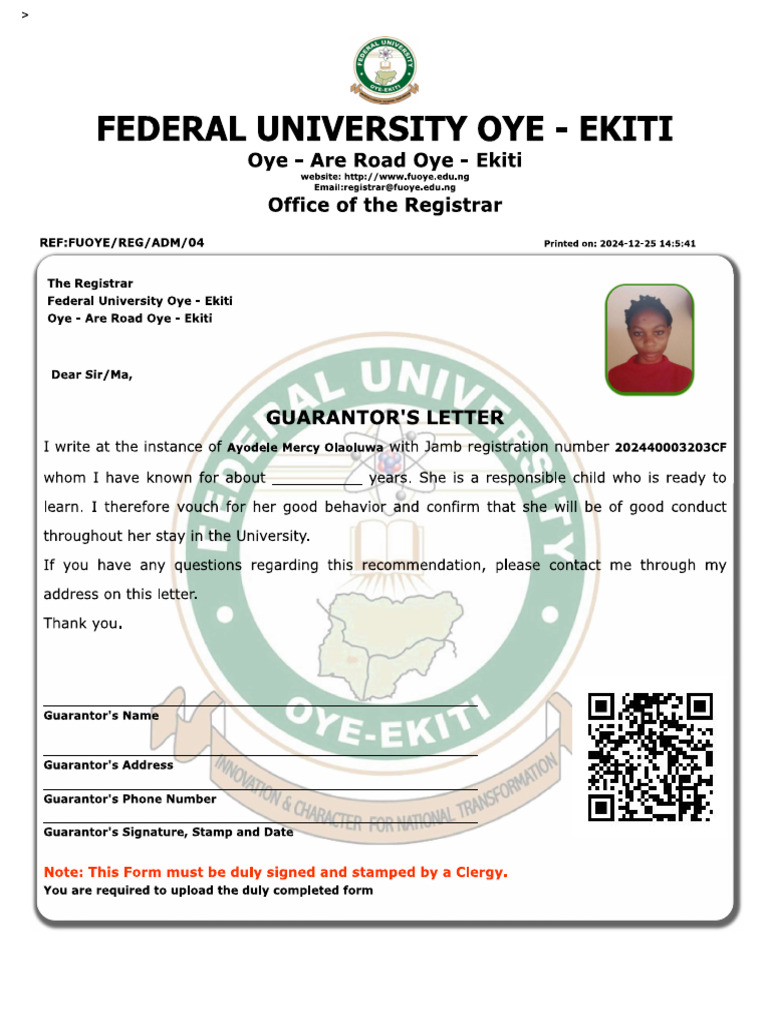 Guarantor's Letter From Clergy Mercy Ayodele | PDF
