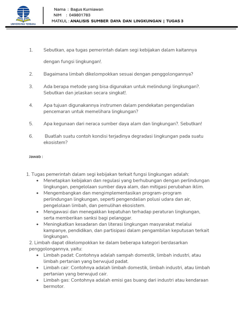 Analisa Sumber Daya Dan Lingkungan Tugas 3 Semester 3 Bagus Kurniawan | PDF