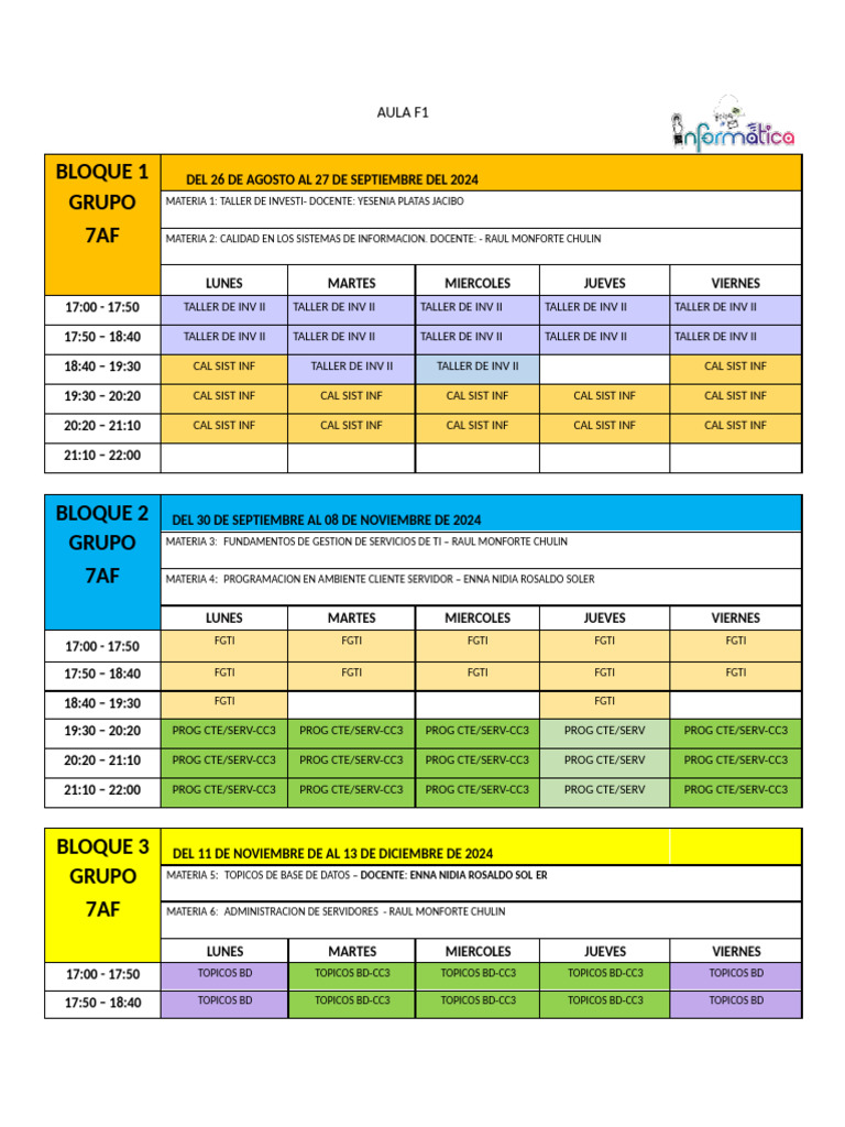 Horario del Grupo 7AF 2024 | PDF