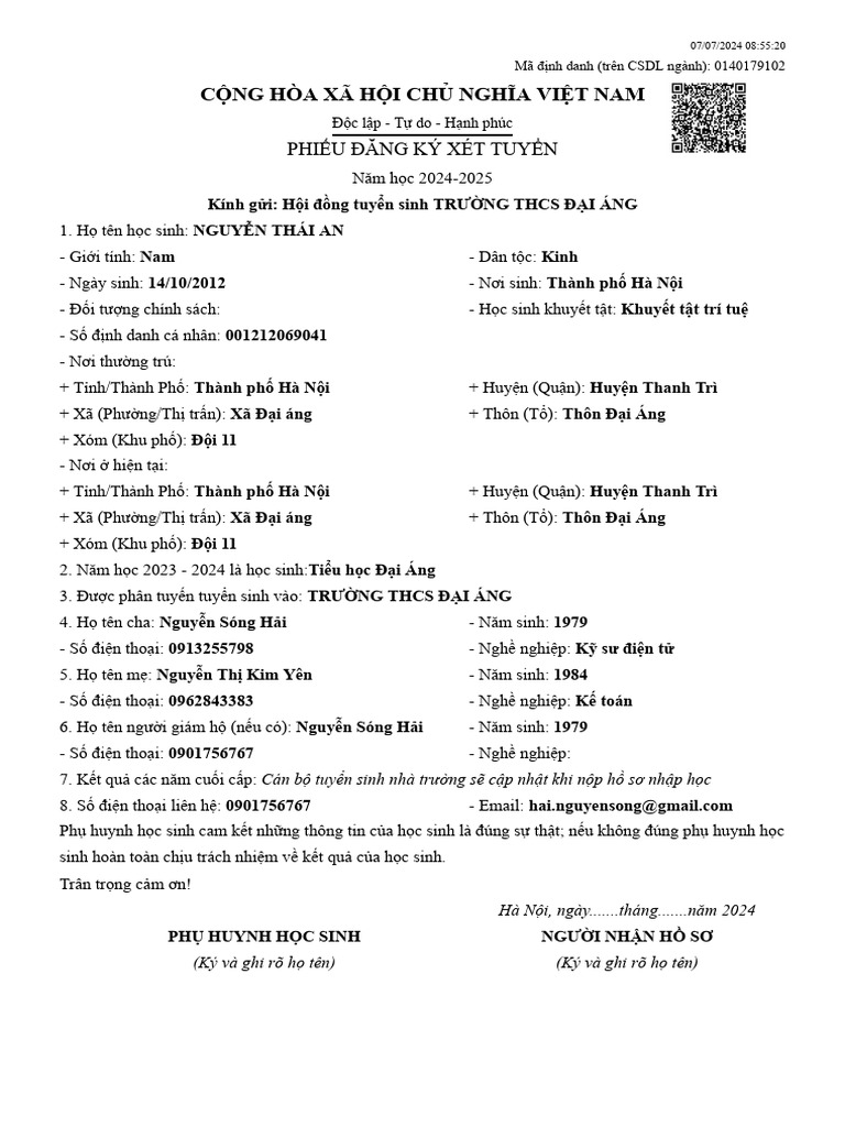 PhieuThongTinHocSinh Nguyenthaian DNKT | PDF