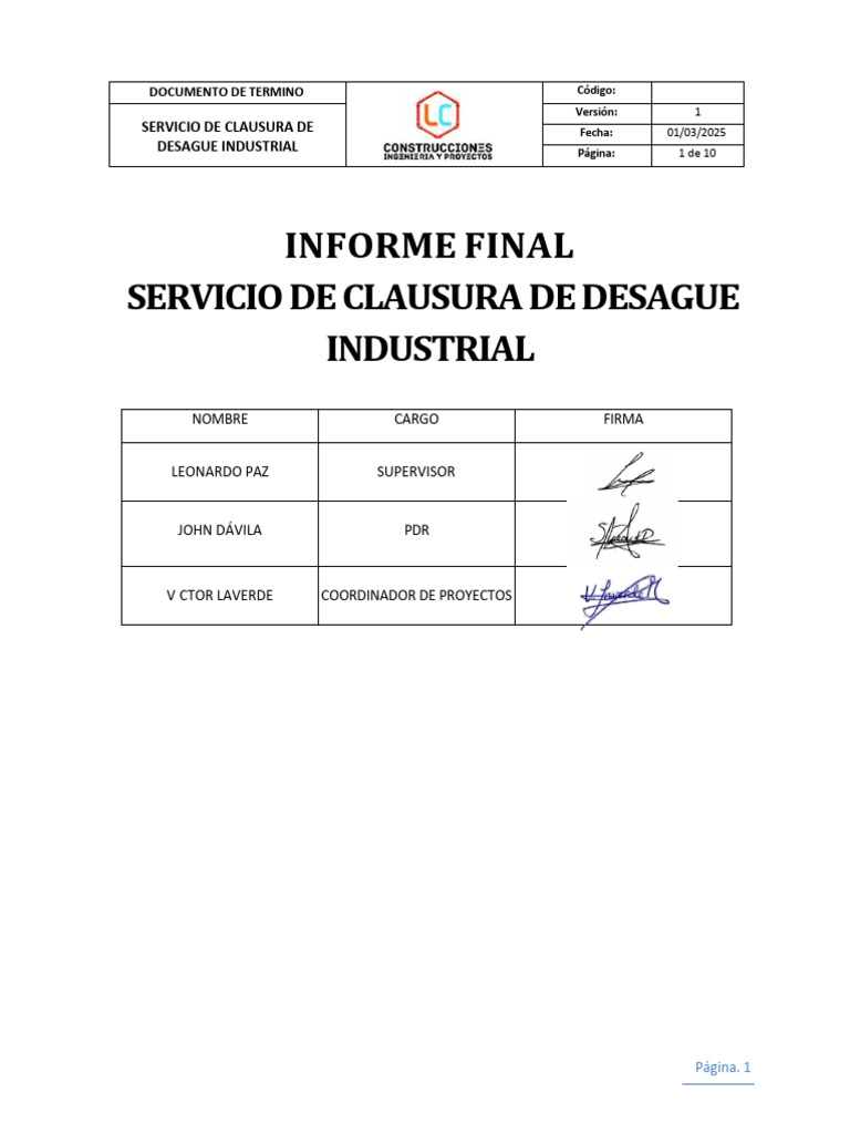 IMFORME P&G CLAUSURA DE DESAGUE INDUSTRIAL | PDF | Materiales de construcción