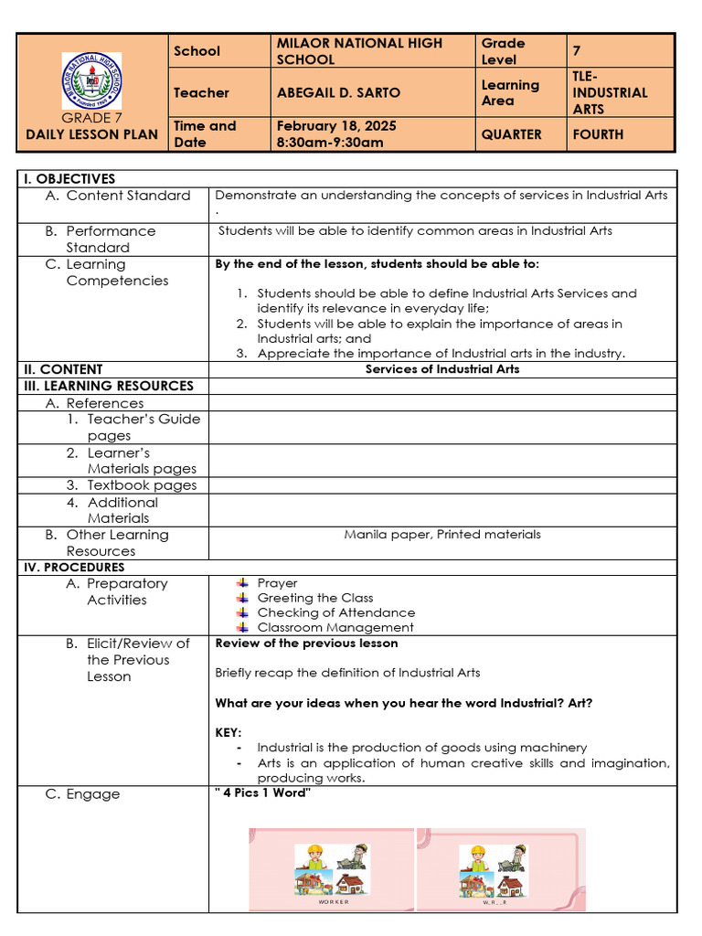 Grade 7 Industrial Arts Lesson Plan | PDF | Vocational Education | Welding
