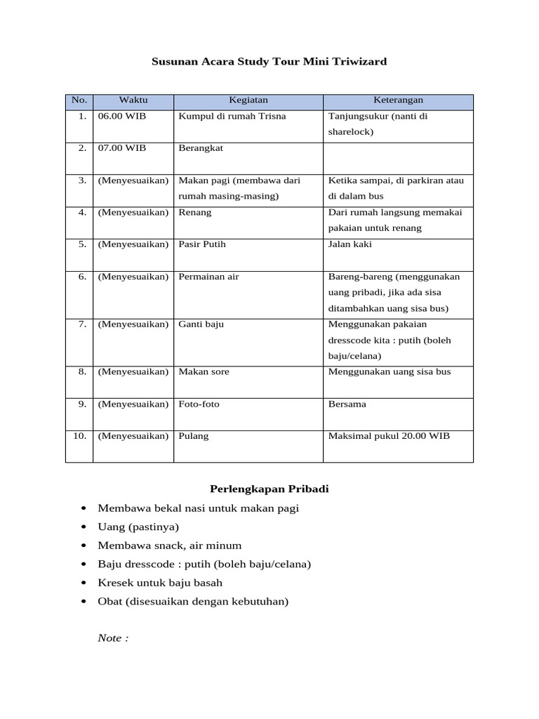 Susunan Acara Study Tour Mini | PDF