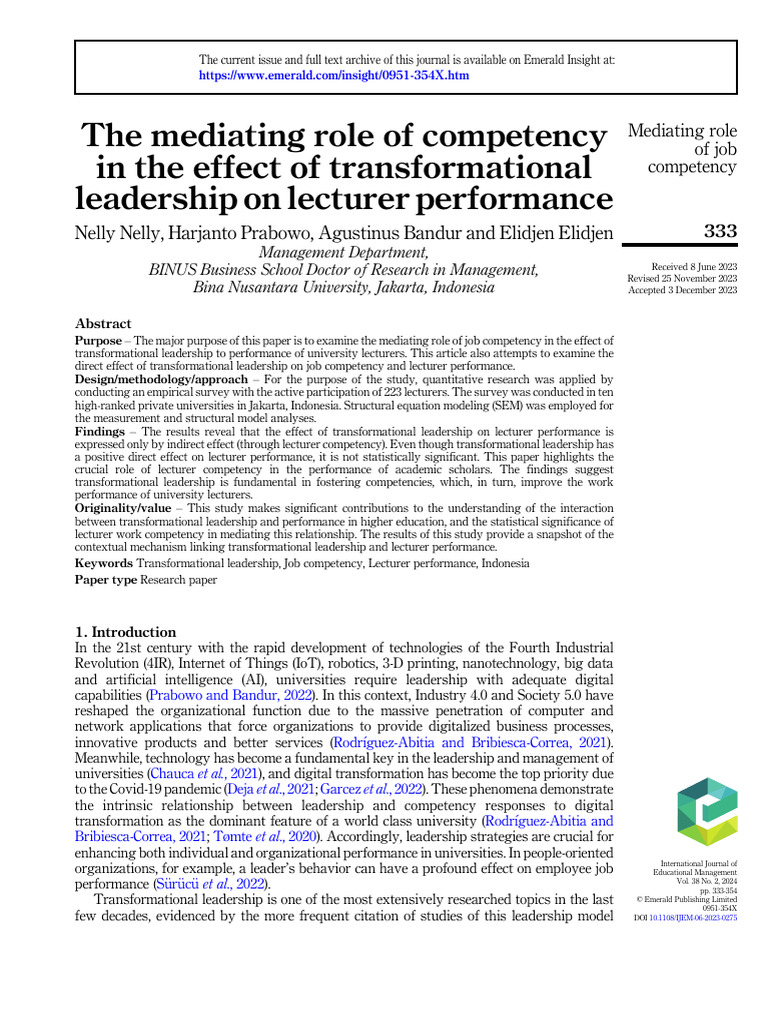 The Mediating Role of Competency in The Effect of Transformational Leadership On Lecturer ...