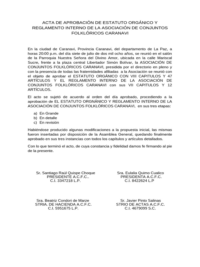 Acta de Aprobación de Estatuto Orgánico y Reglamento Interno de La ...