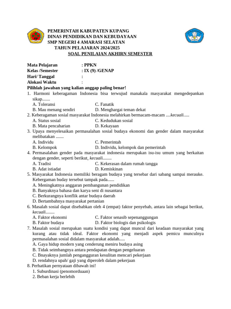 Soal Pas PPKN Kelas 9 Semester Genap | PDF
