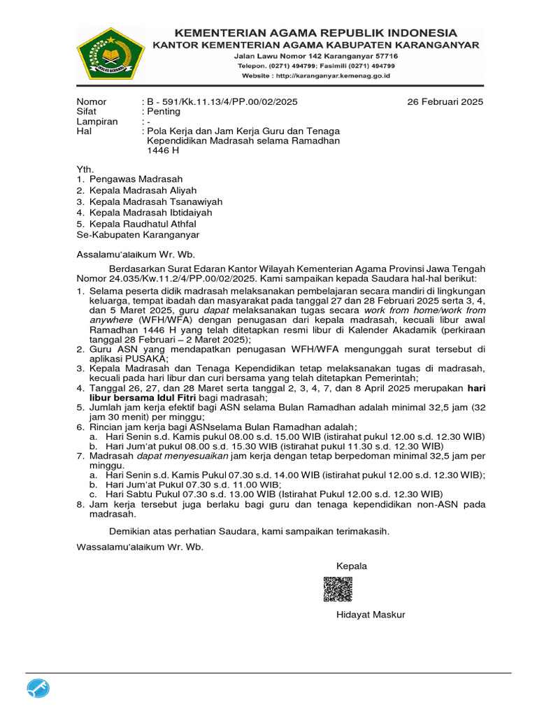 Surat Edaran Pola Kerja Dan Jam Kerja Guru Dan Tendik Di Bulan Ramadhan 1446 | PDF