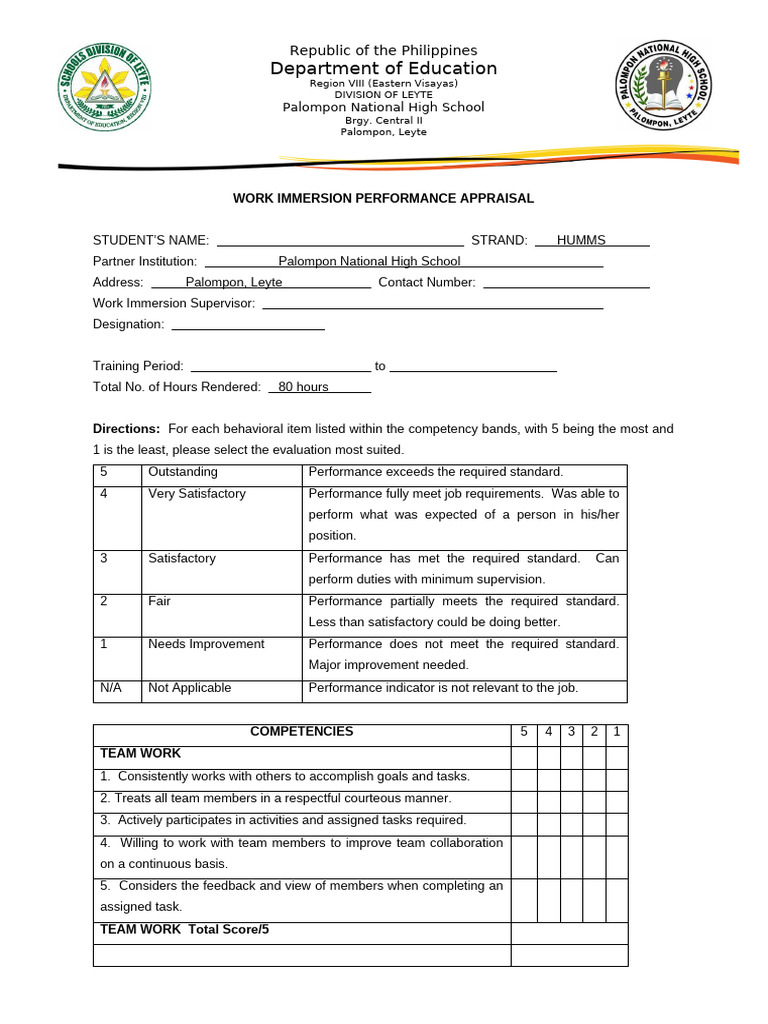 work-immersion-performance-appraisal | PDF | Performance Appraisal | Behavioural Sciences