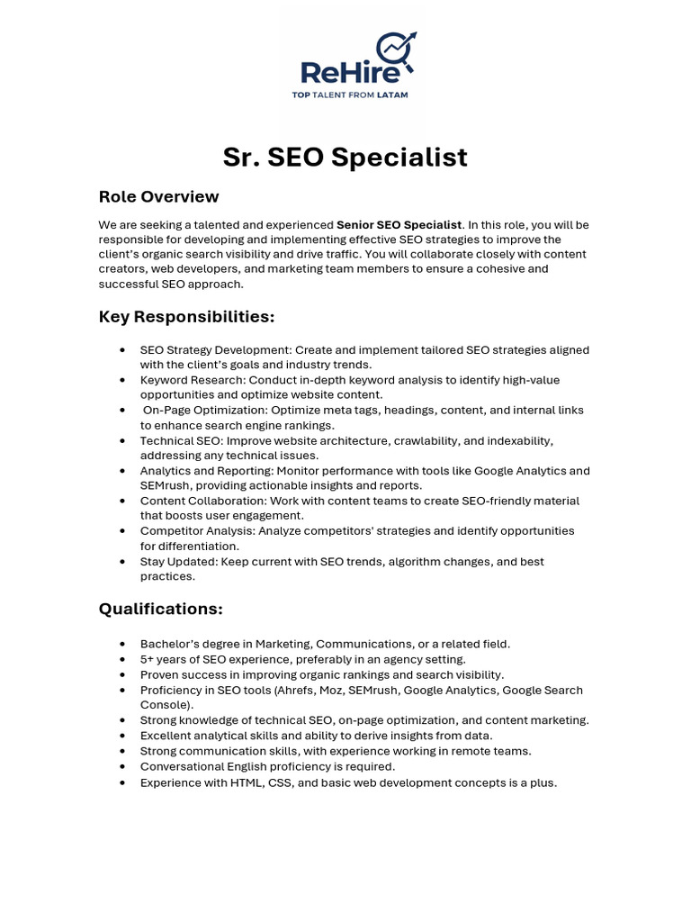 Senior SEO Specialist Job Overview | PDF | Search Engine Optimization ...