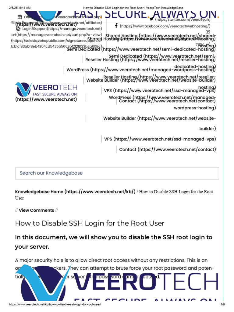 How To Disable SSH Login For The Root User - VeeroTech KnowledgeBase | PDF | Secure Shell ...