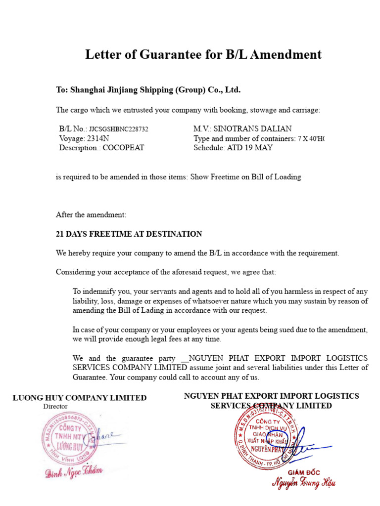 Letter of Guarantee For BL Amendment - LOI Show FREETIME 4-1 | PDF