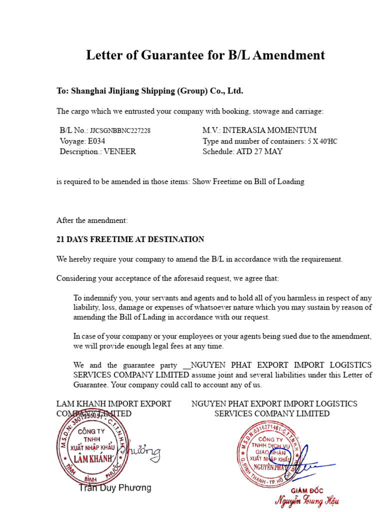 Letter of Guarantee For BL Amendment - LOI Show FREETIME 5-1 | PDF